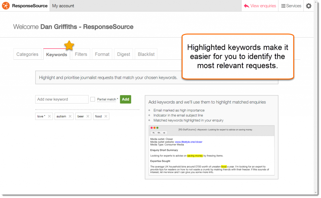 Keyword highlighting for Journalist Enquiry Service - ResponseSource